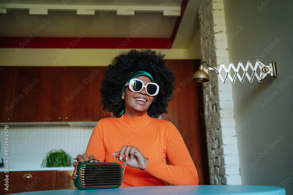Retro-themed photo of a cheerful Black African american woman with a ...