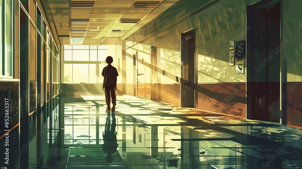 An illustration of a teenage patient walking down an empty hallway in a ...