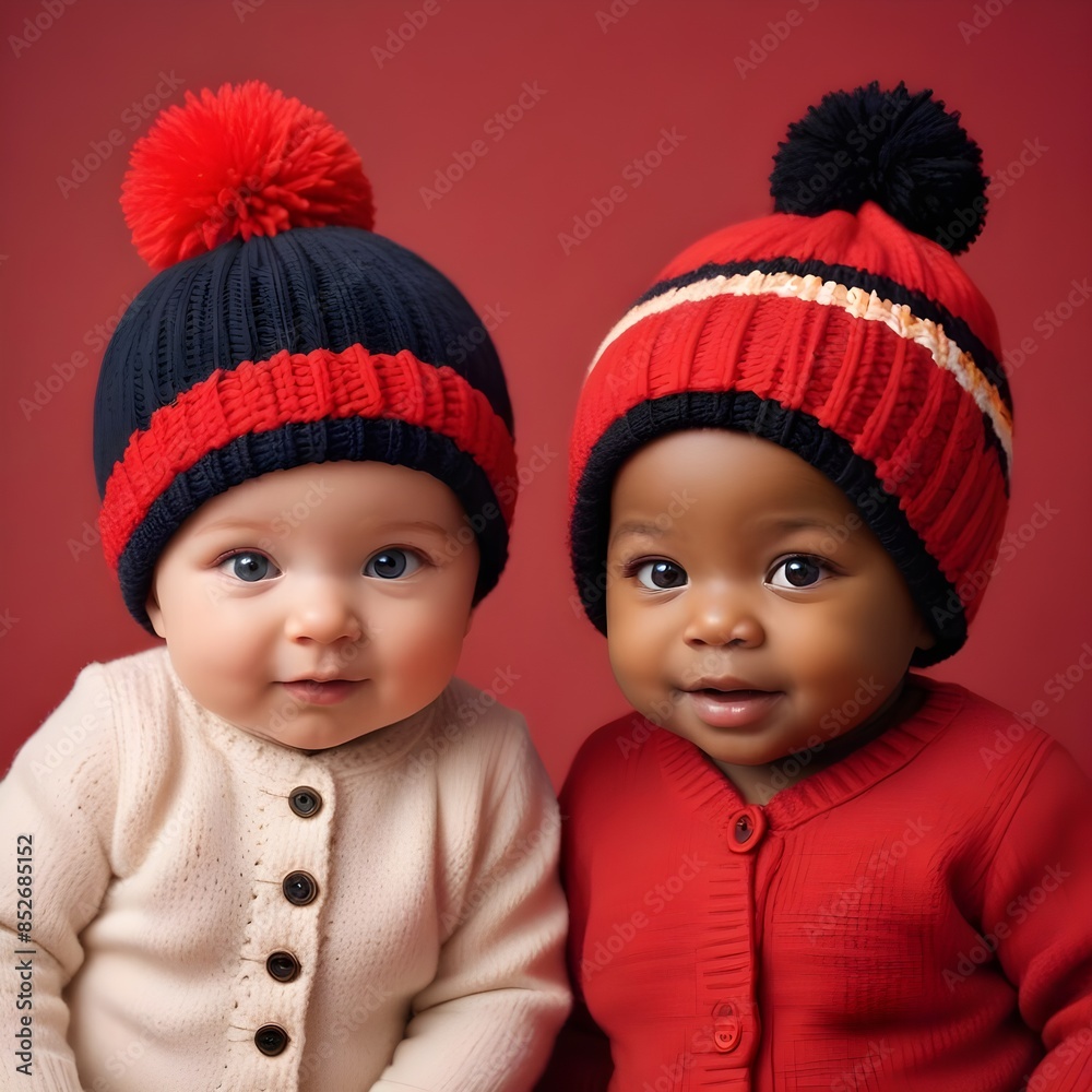 Multiethnic babies dressed in diverse colours on an isolated red ...