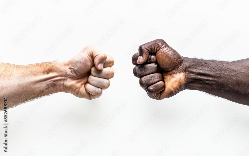 Diverse group of hands forming a fist bump in a circle against a white ...