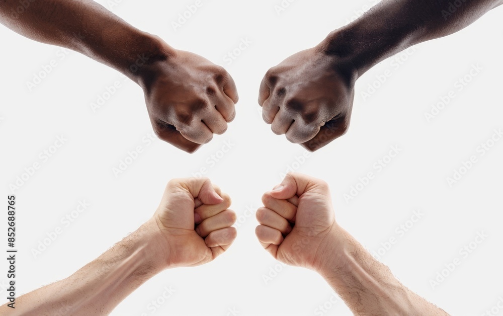 Diverse group of hands forming a fist bump in a circle against a white ...