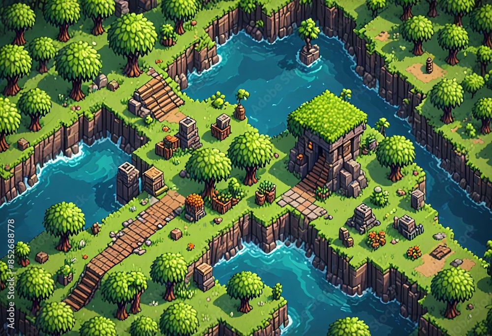 asset for a bit pixel platform mobile game,dirt grass wood tree bush ...