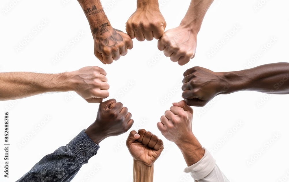 Diverse group of hands forming a fist bump in a circle against a white background. Symbolic and ...