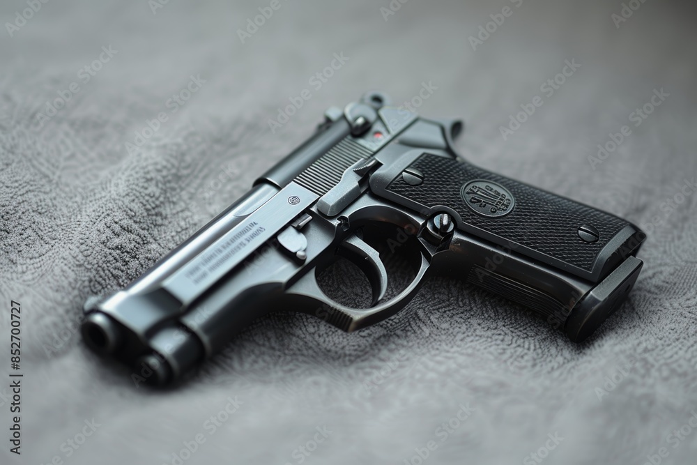 A close-up photograph of a black semi-automatic pistol with detailed ...