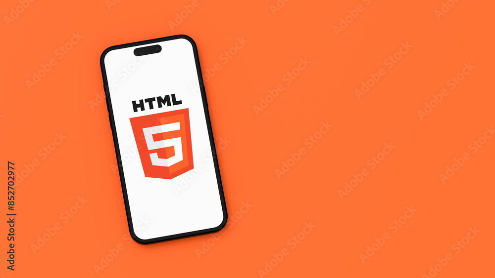 HTML 5 Logo on Mobile Phone Screen on Orange Background with Copy Space Stock Illustration ...