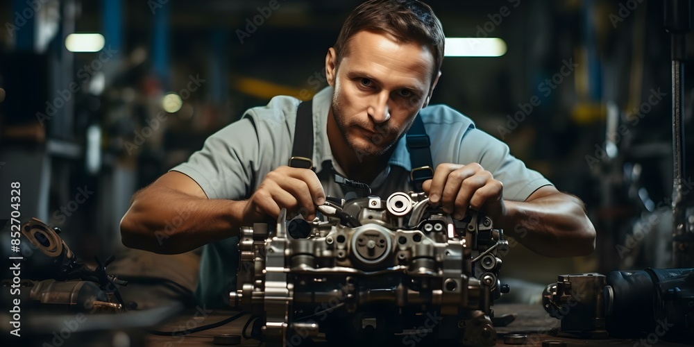 Mechanic conducting a thorough inspection of a car engine at the repair ...