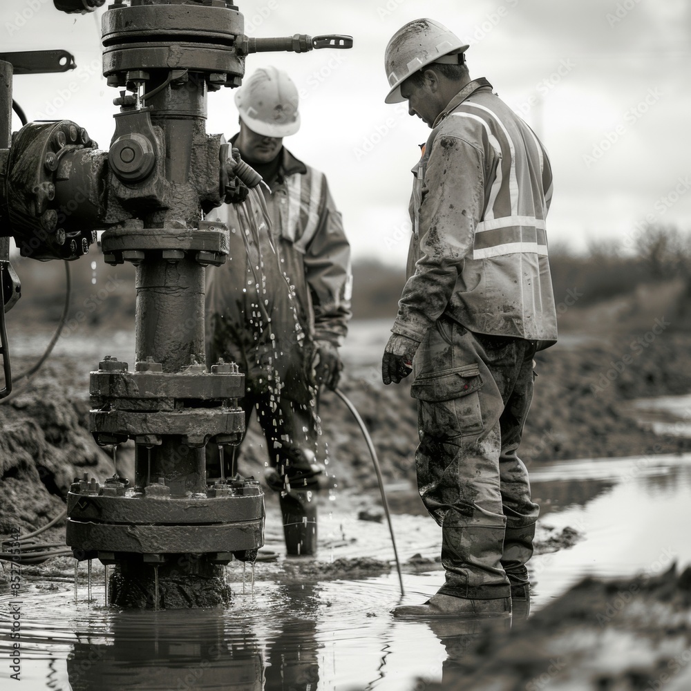 Oil workers in reflective vests inspecting a wellhead onshore ...