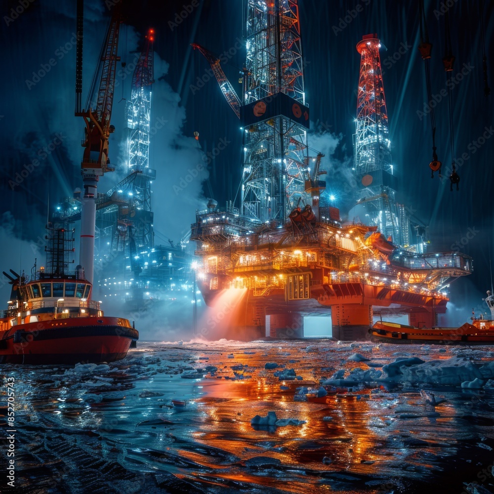 Offshore oil rig with supply vessels in the foreground, Industrial ...