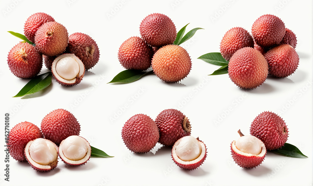 Lychee litchi lichee fruit, many angles and view side top front group ...