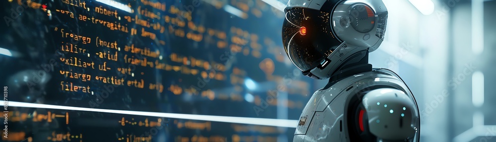 Android teacher robot explaining complex concepts on a smartboard ...