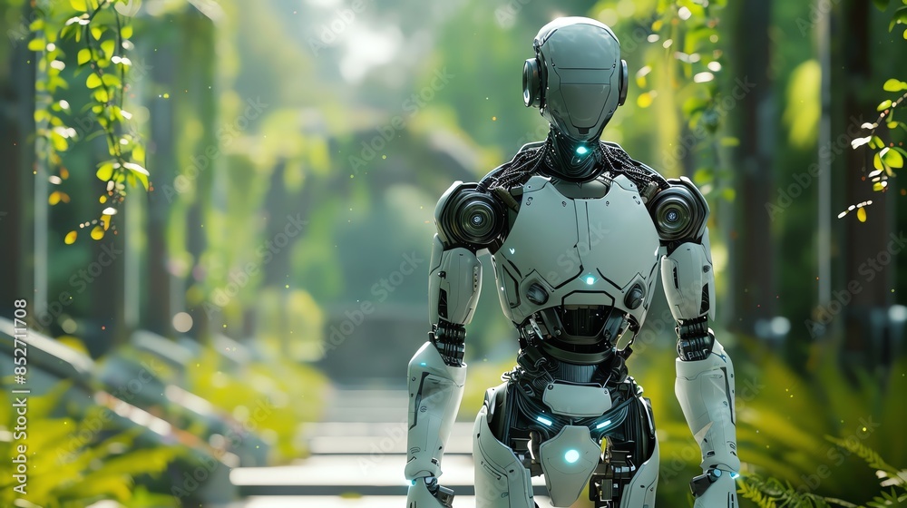 Elegant android robot with bioluminescent accents, walking through a ...