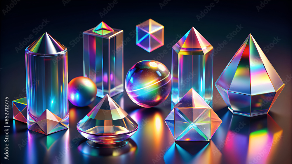 3d crystal glass shapes with refraction and holographic effect isolated ...
