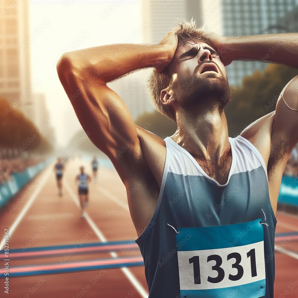 An exhausted marathon runner crosses the finish line, capturing a ...