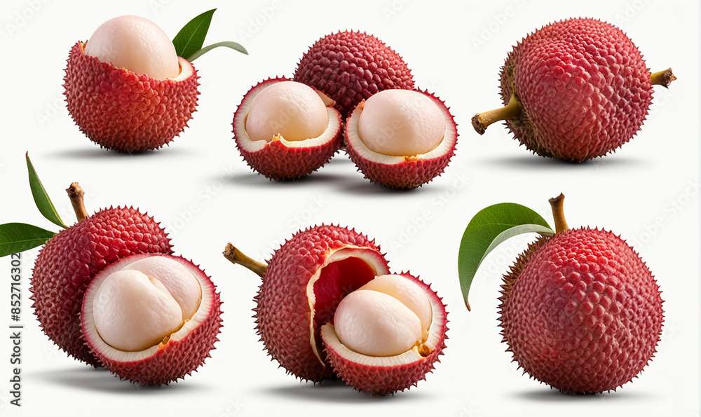 Lychee litchi lichee fruit, many angles and view side top front group ...