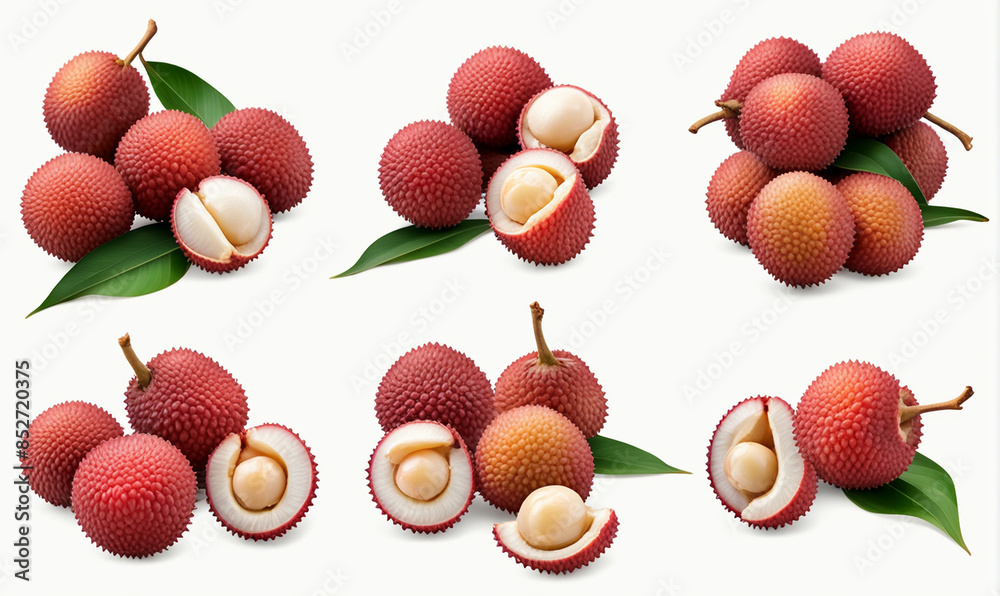 Lychee litchi lichee fruit, many angles and view side top front group ...