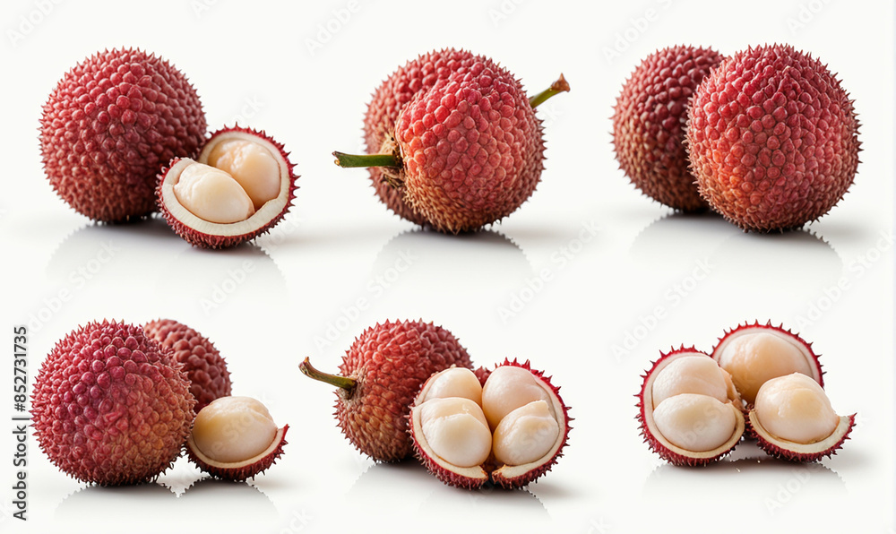 Lychee litchi lichee fruit, many angles and view side top front group ...