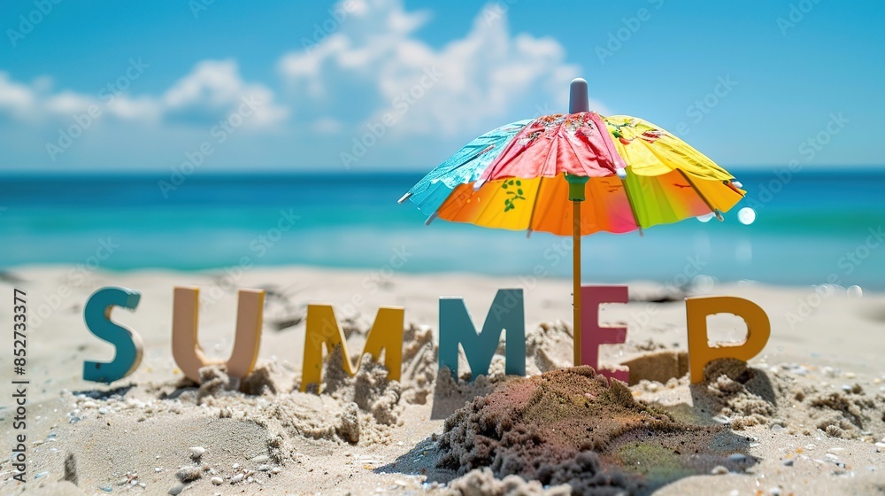 texte "SUMMER" ?crit avec des lettres en bois color?s sur la plage sous ...