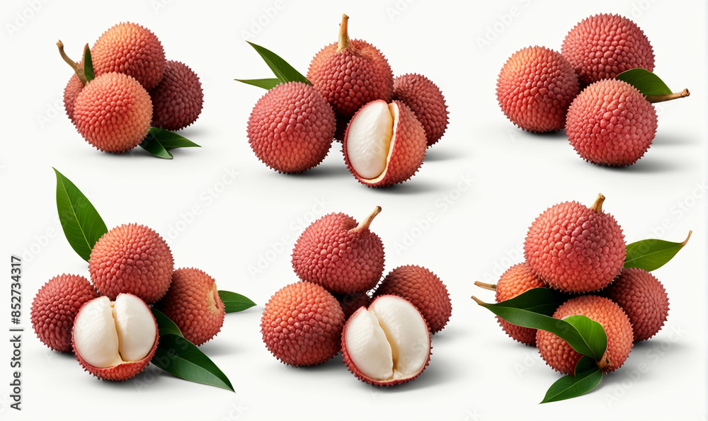 Lychee litchi lichee fruit, many angles and view side top front group ...
