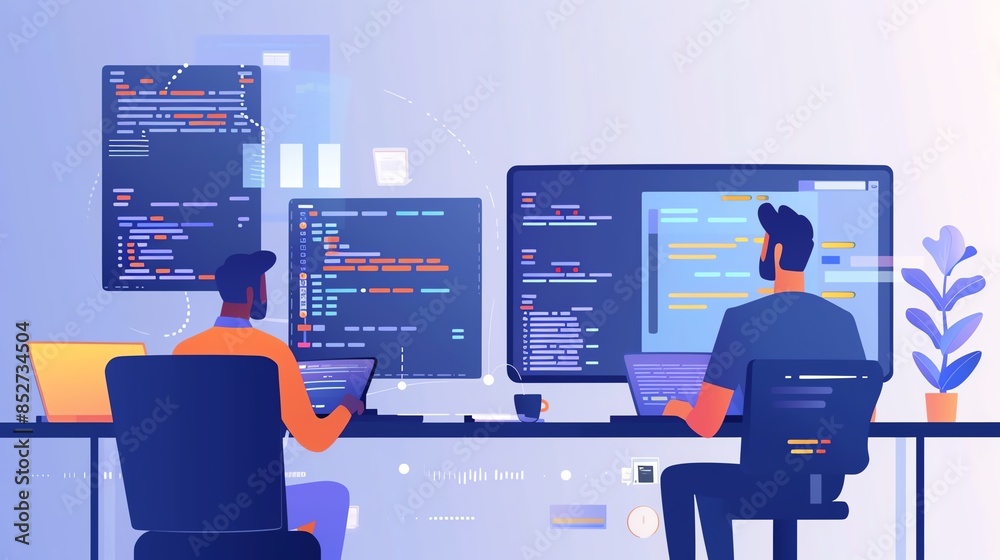 Two software developers working on laptops and monitors, coding and collaborating in a modern ...