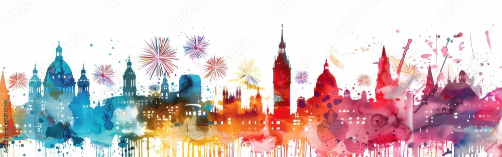 This image is a watercolor painting depicting a vibrant, colorful ...