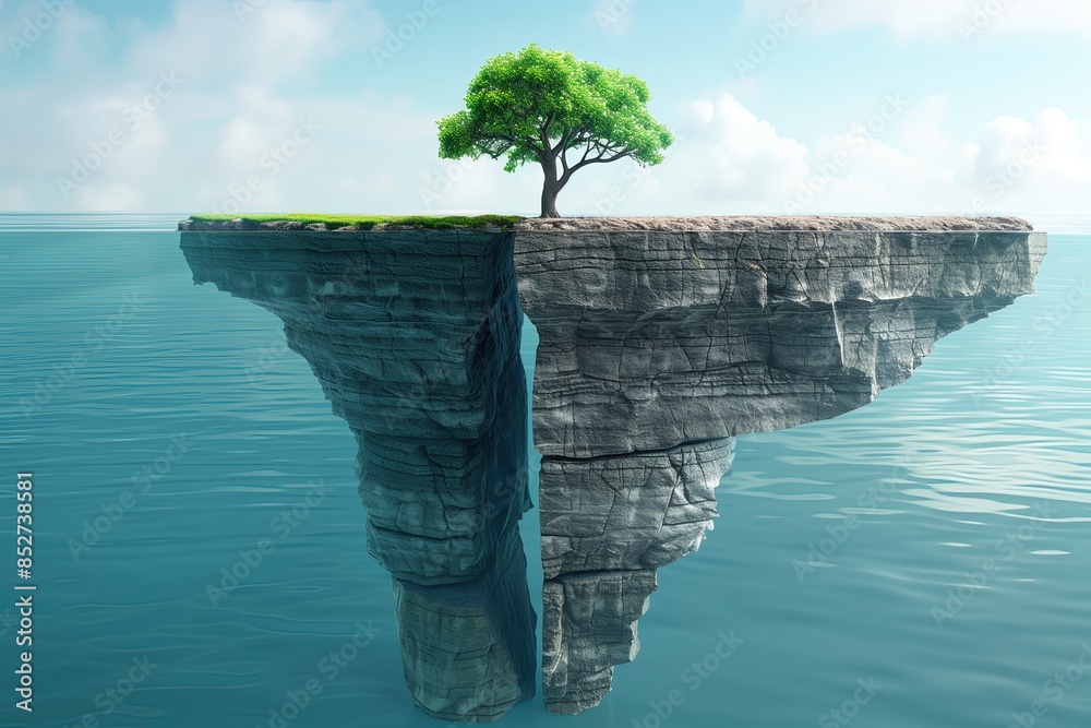 Surreal Floating Island with Lone Tree and Split Cliff Over Ocean Stock ...