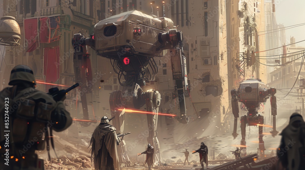 A group of soldiers are fighting in a war zone with robots. The ...
