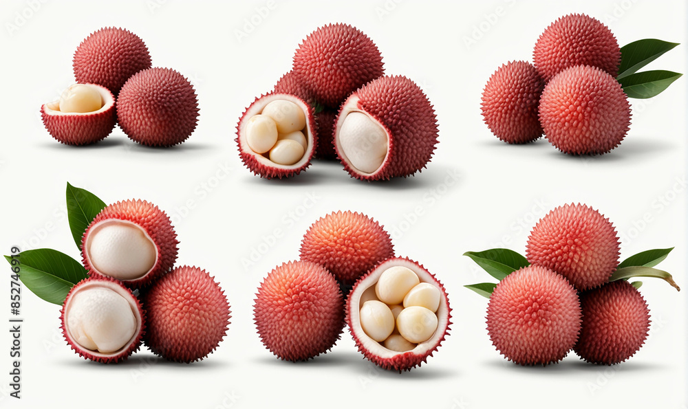 Lychee litchi lichee fruit, many angles and view side top front group ...