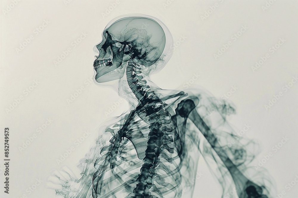 X-ray image of human skeleton radiography scan over white background ...