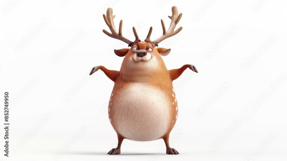 Long shot, fat cute fluffy deer with a belly, simple facial expressions ...