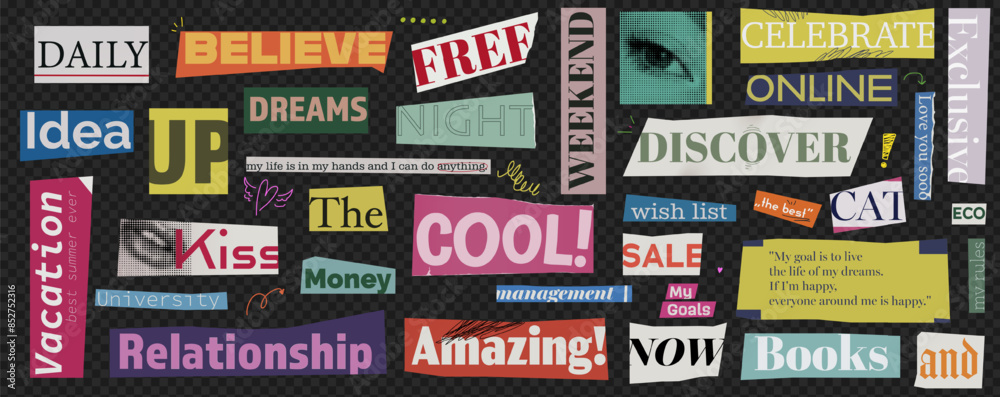 Collage elements kit. Cutout magazine text. Ransom letter for note ...