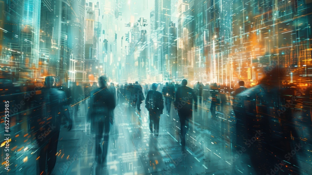 Blurred motion of cyber-enhanced businesspeople in a futuristic Martian ...