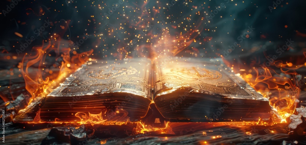 An ancient, magical book on fire emits glowing sparks, evoking a sense ...