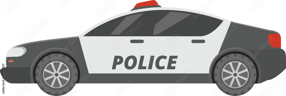 Black and white american police car parked in profile, showing the side ...