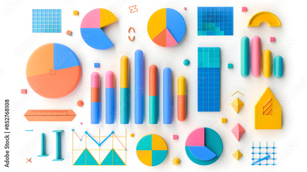 image of statistics and data processing over colorful shapes on white ...