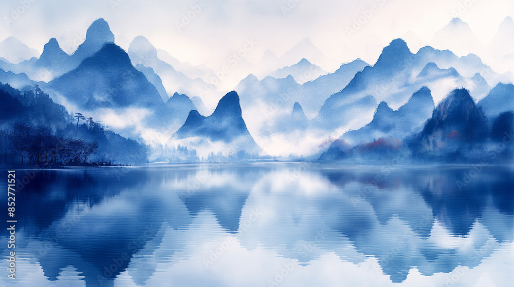 Guilin landscape painting with light blue sky background, mountains and ...