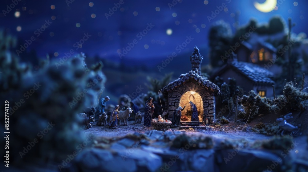 This image depicts a detailed miniature nativity scene diorama set ...