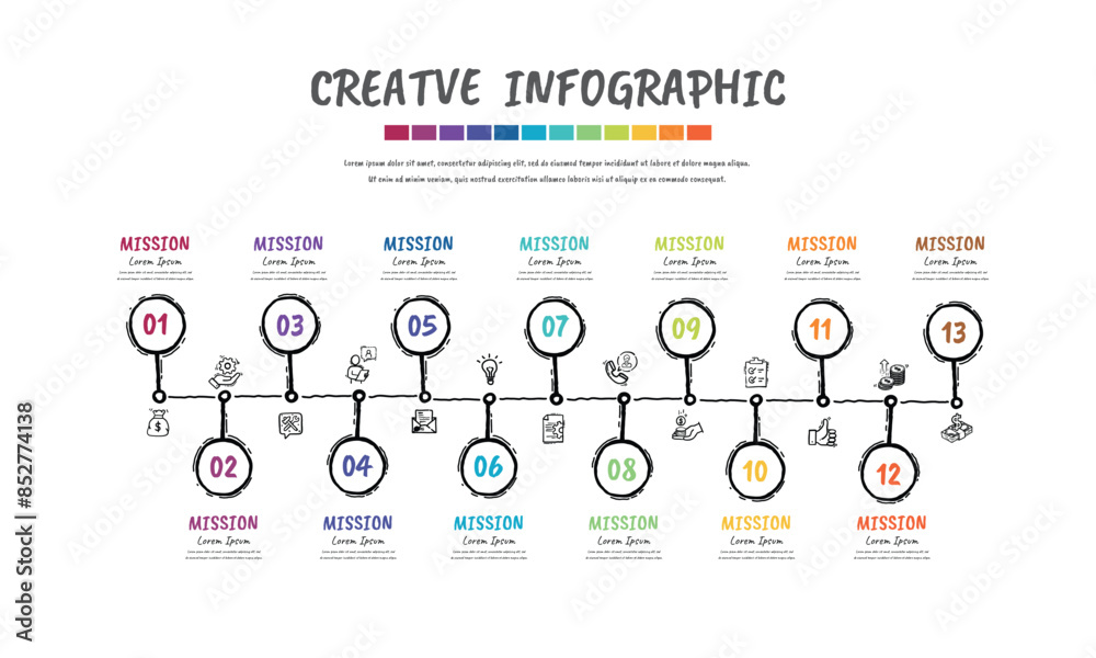 Hand drawn line process flow chart design infographic template with 13 ...