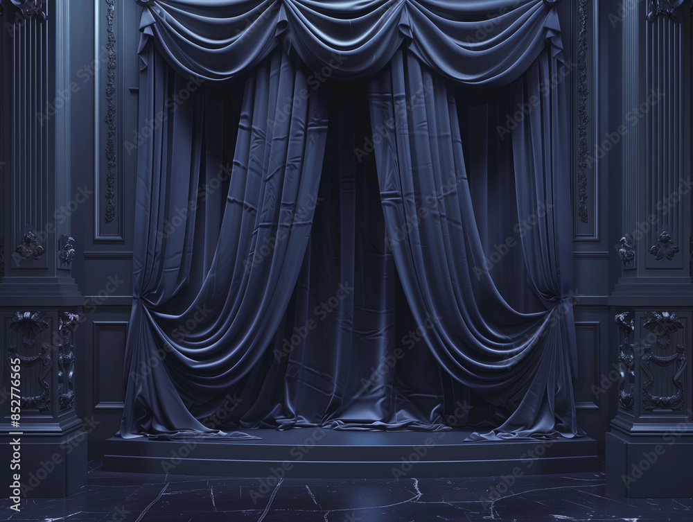Regal stage show solid navy blue drapes opulent backdrop royal party ...