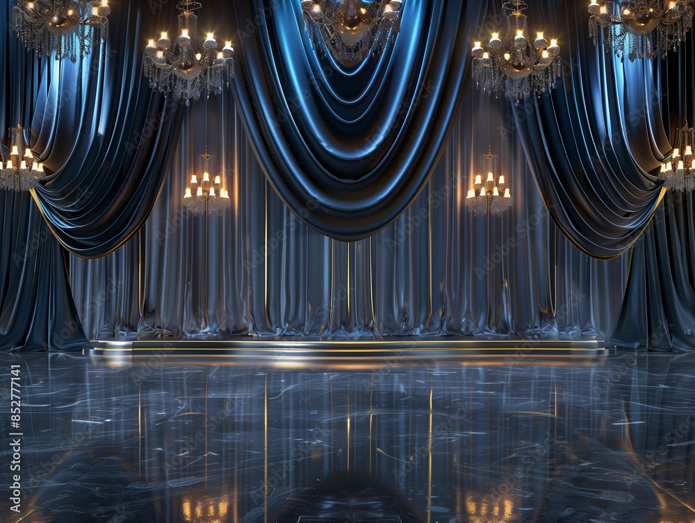 Regal stage show velvet blue drapes opulent backdrop royal party ...
