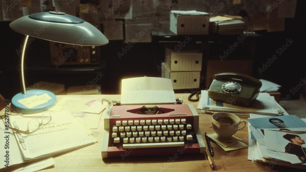 Vintage typewriter, desk lamp, landline phone, criminal investigation ...
