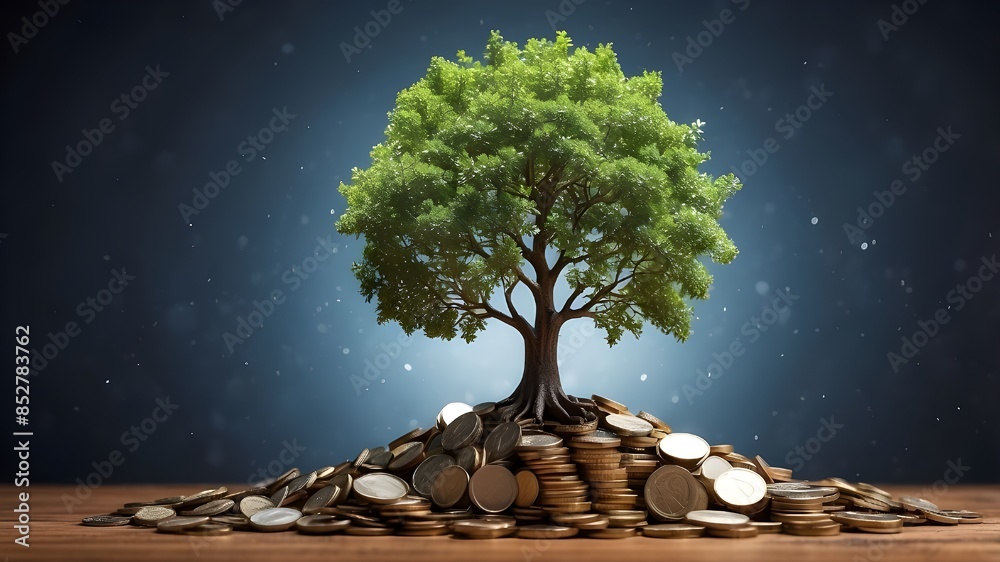 tree roots spreading in the coins, tree growing of accumulating wealth ...