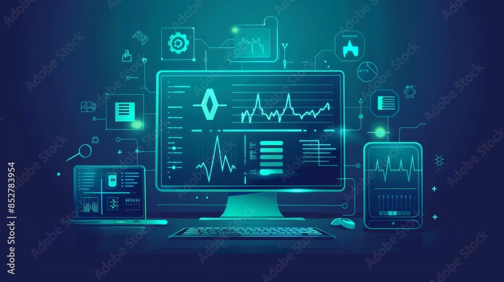 Futuristic data analysis interface on multiple screens, showcasing ...