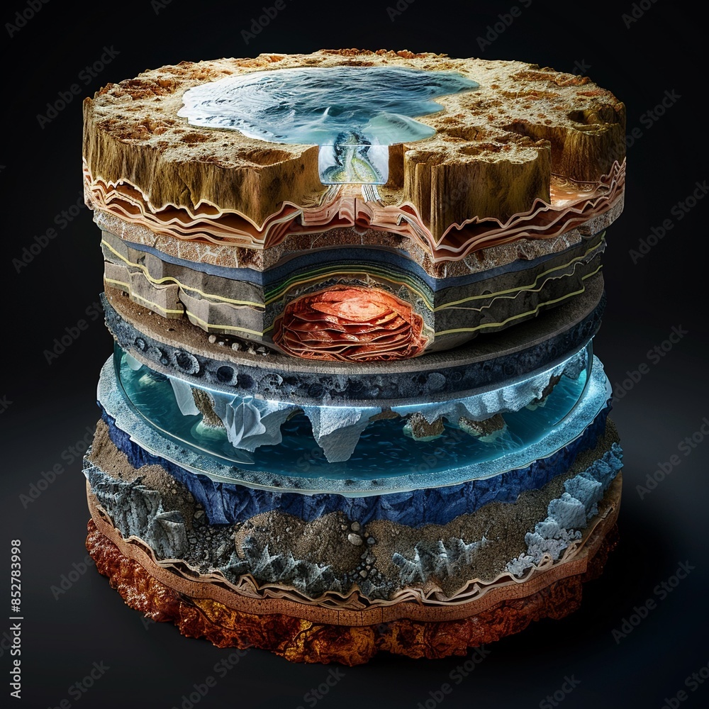 3D visualization of Earths layers, highlighting the blue crust, brown ...