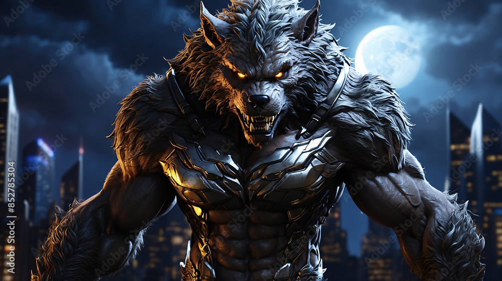 WEREWOLF as Superhero at dark night with the full Moon, comics hero character human wolf beast ...