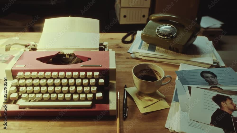 Desk of police officer with analog typewriter, coffee cup, mugshots ...