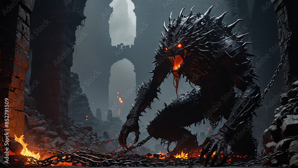 A monstrous creature lurks in a dark dungeon within an ancient castle ...