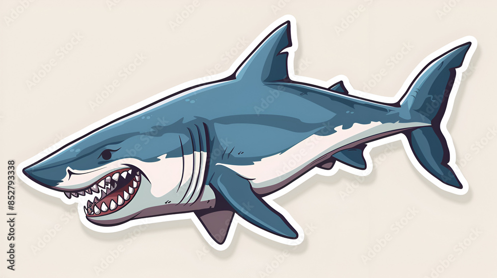 Shark 2D flat cartoon sticker. The illustration shows sharp shark teeth ...
