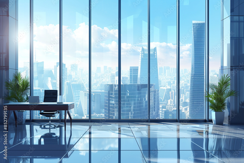 Beautiful modern office background with panoramic windows, megapolis ...