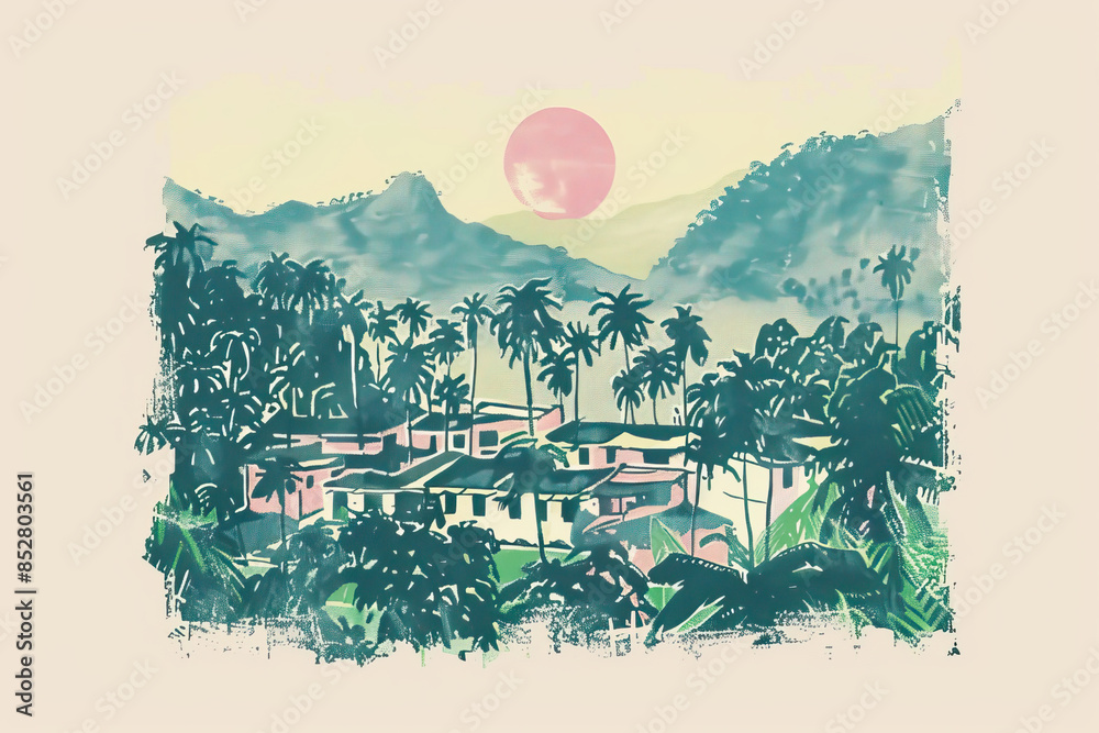 Risograph print travel poster illustration of Copan, Honduras, modern ...