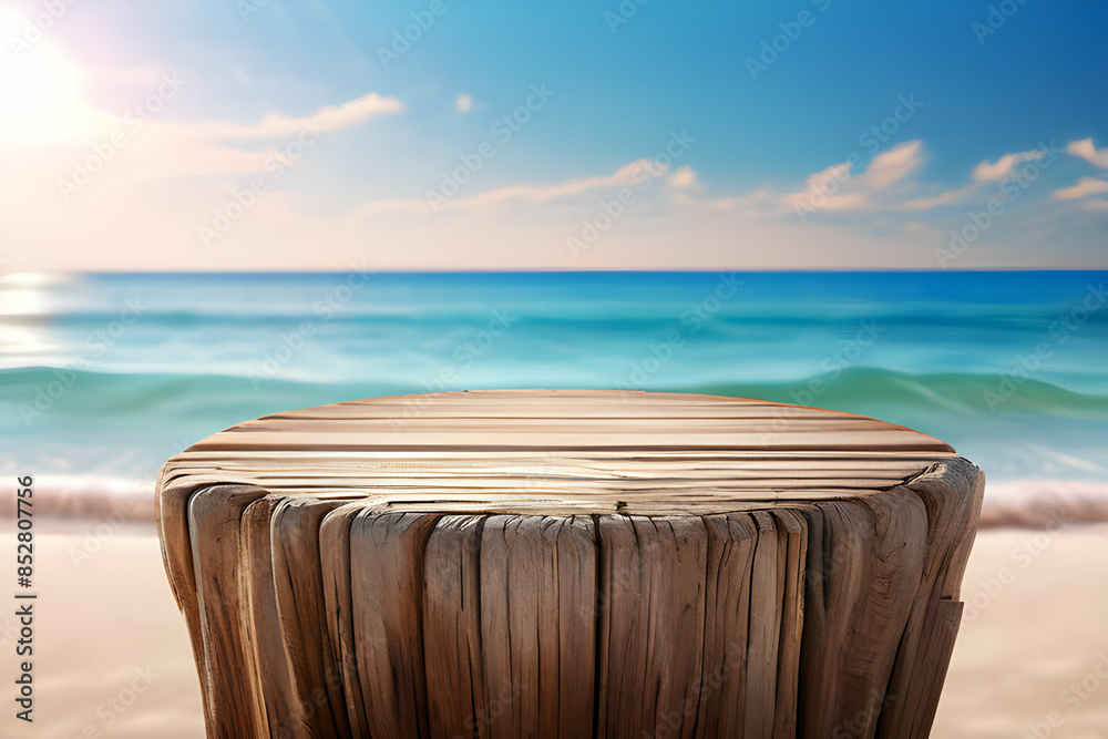 Toco de madeira pedestal vazio com paisagem de praia ao fundo mockup para produtos Stock Photo ...